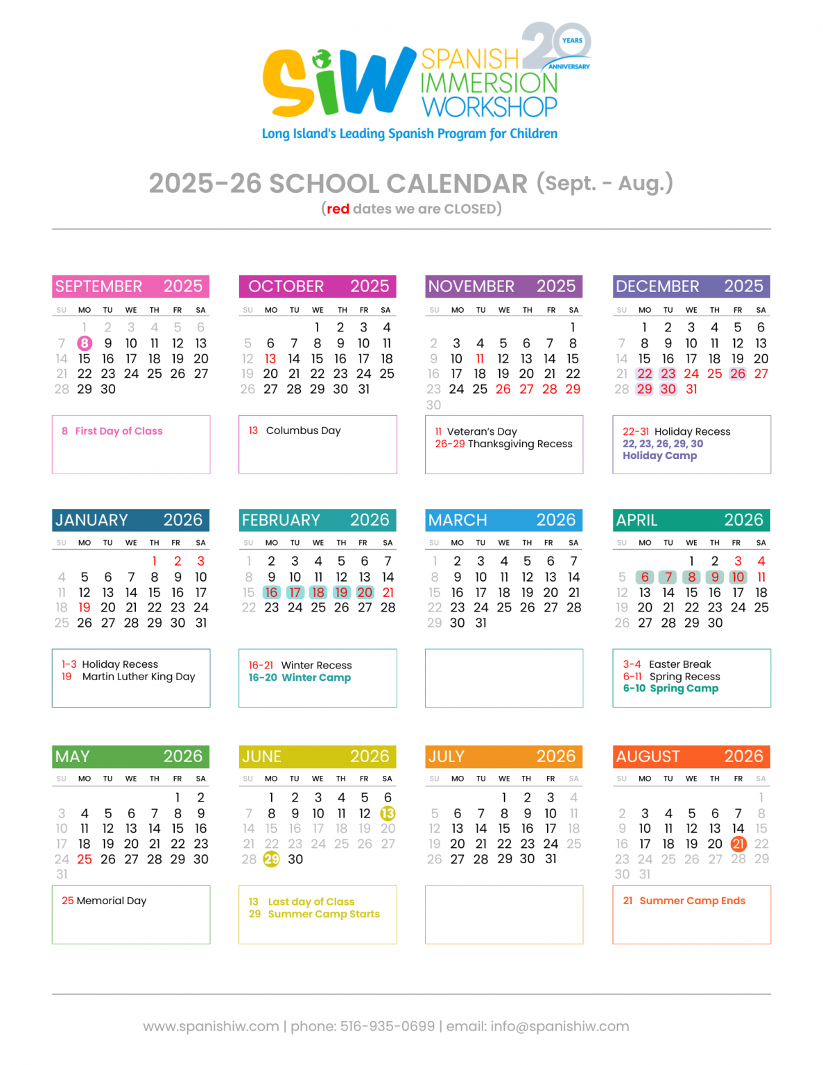 School Calendar - Spanish Immersion Workshop